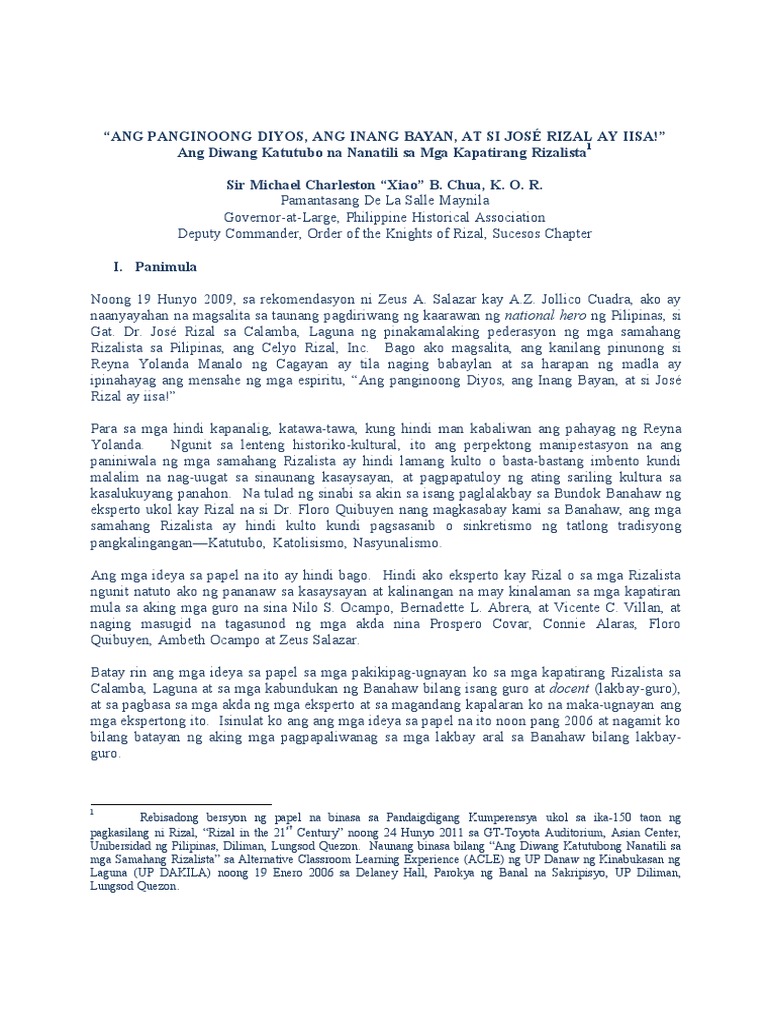 Chua - Diwang Katutubo Na Nanatili Sa Kapatirang Rizalista | PDF