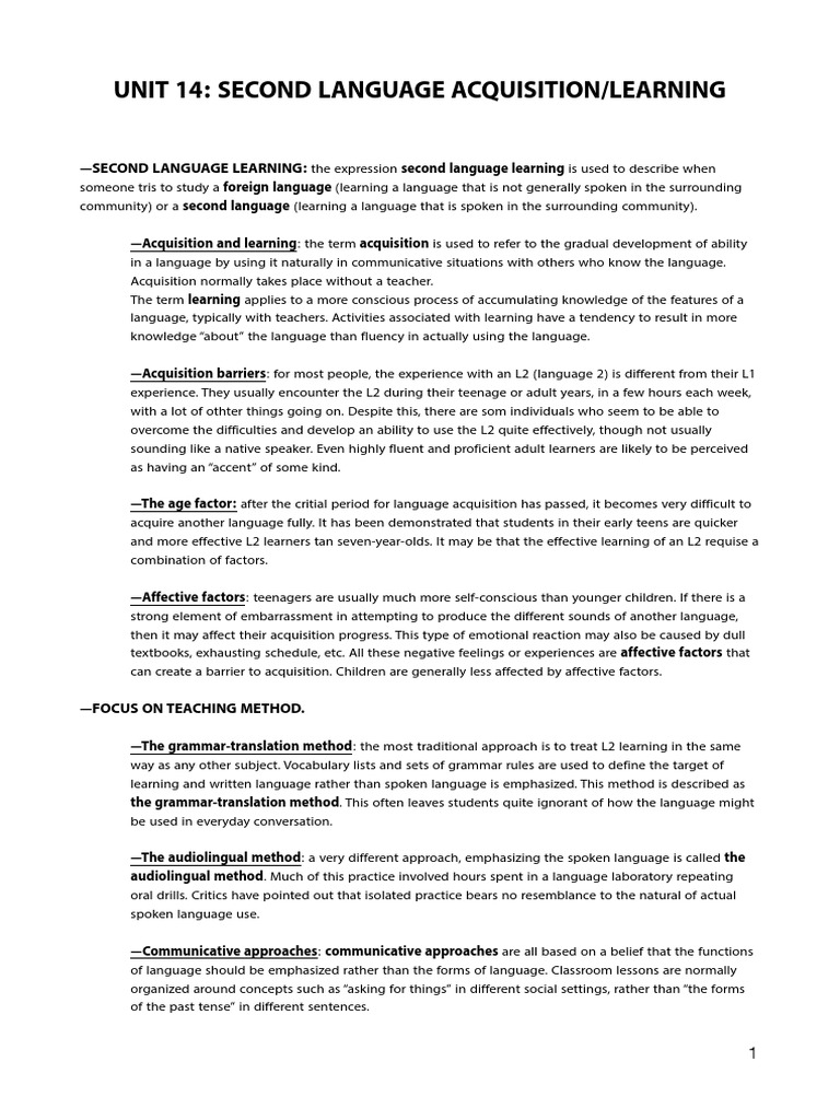 Unit 14 (Second Language Acquisition:Learning) | PDF | Second Language | Second Language Acquisition