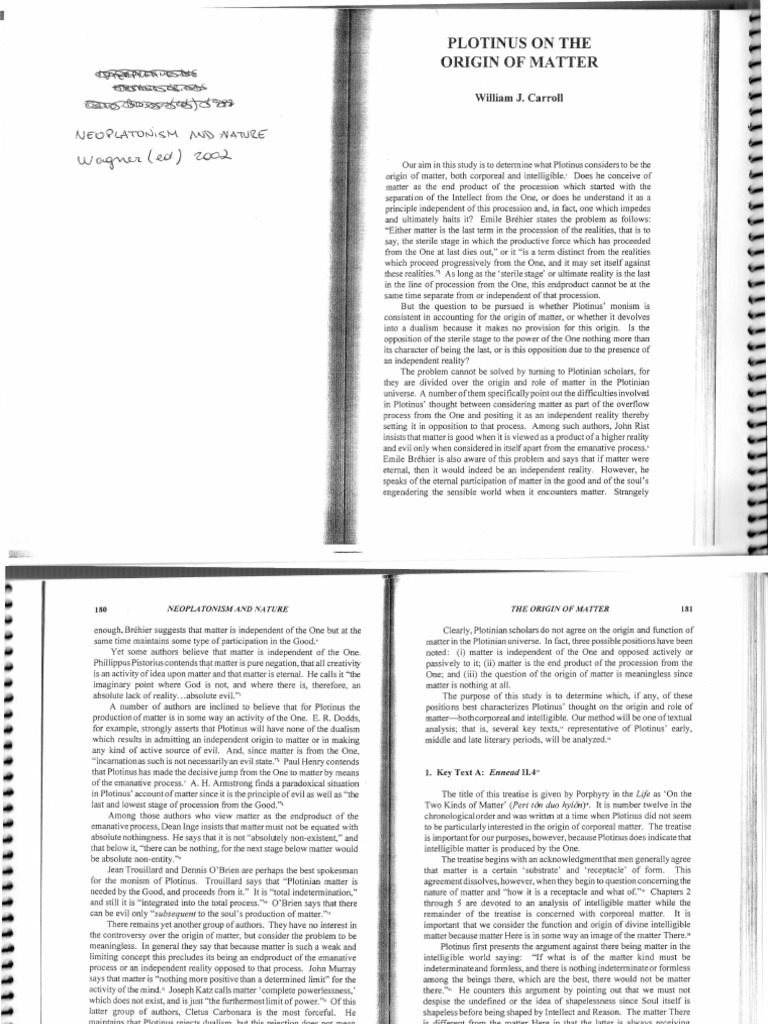Carroll - Plotinus On The Origin of Matter | PDF | Neoplatonism | Nous