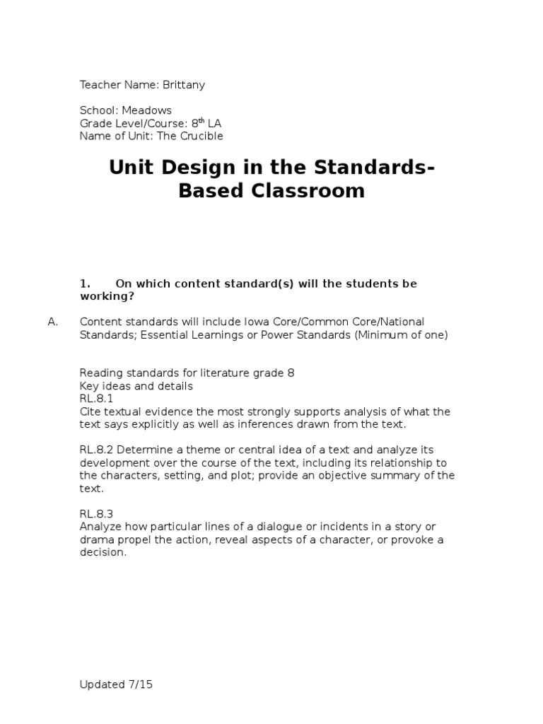 Unit Design in The Standards-Based Classroom: 1. On Which Content ...