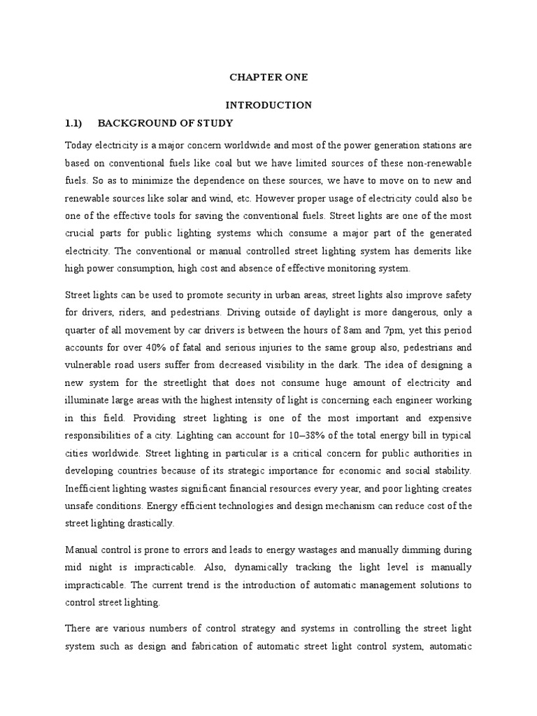 Chapter One 1.1) Background of Study | PDF | Street Light | Lighting