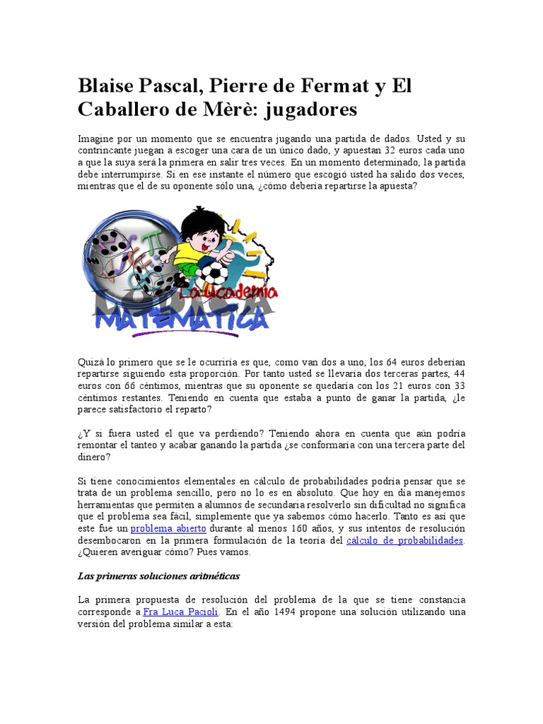 Pascal, Fermat y El Caballero de Meré | PDF | Probabilidad | Cálculo