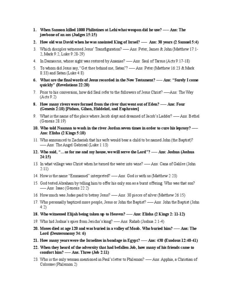 Bible Quiz Questions and Answers PDF | PDF | Book Of Exodus | Jesus