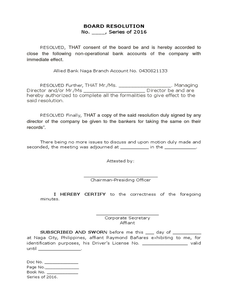 No. - , Series of 2016: Board Resolution | PDF