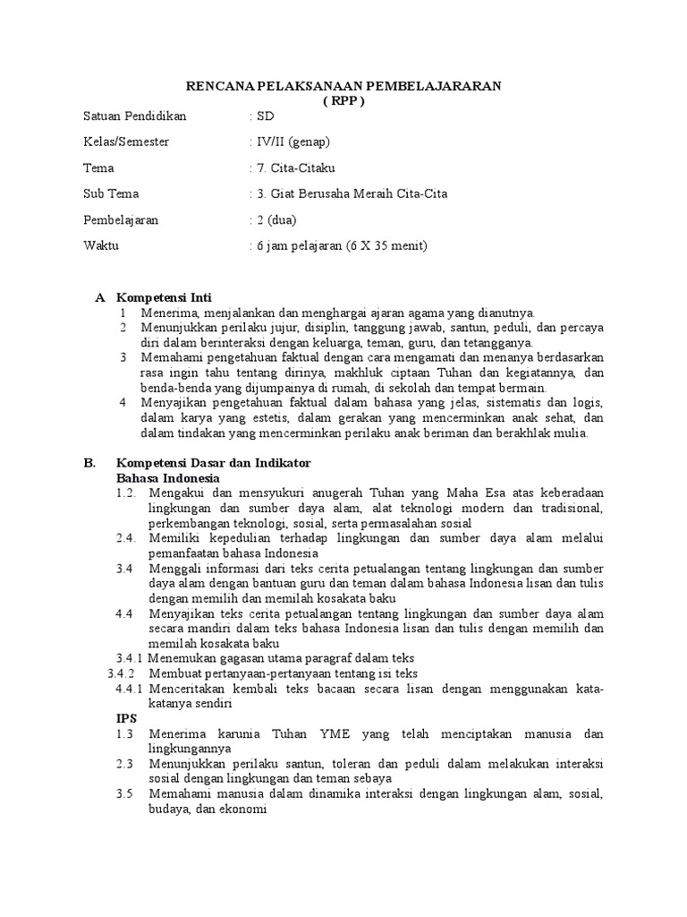 RPP Kelas 4 SD | PDF