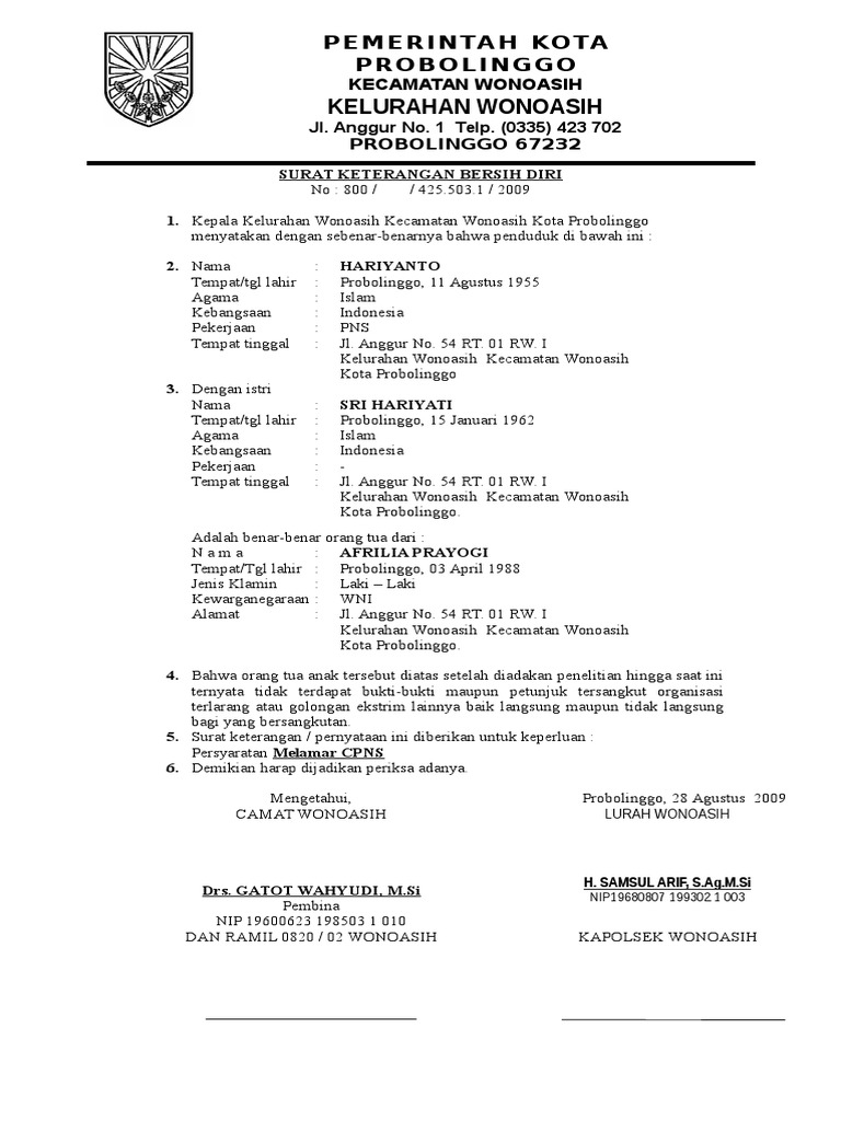 Surat Keterangan Bersih Diri | PDF