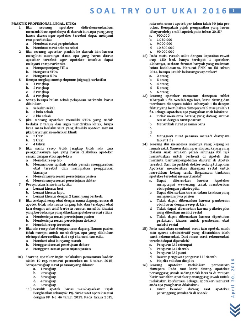 Soal Try Out UKAI 2016: Praktik Apoteker | PDF