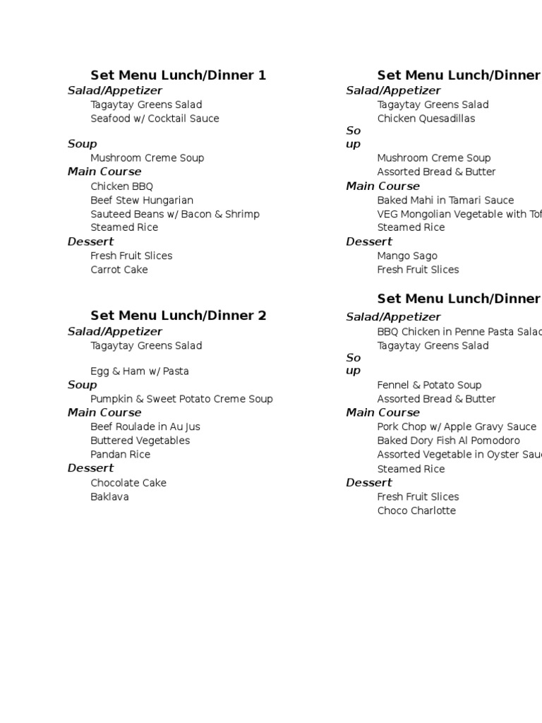 Set Menu Lunch/Dinner 1 Set Menu Lunch/Dinner 3: Salad/Appetizer Salad ...