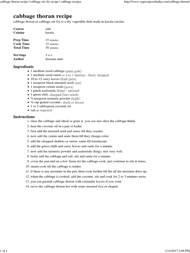 Kerala Cabbage Thoran Recipe | PDF