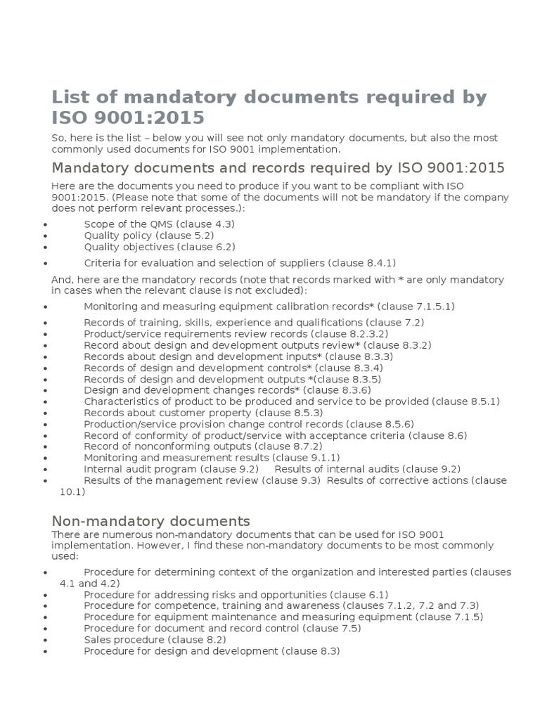 List of Mandatory Documents Required by ISO 9001 | PDF | Iso 9000 ...