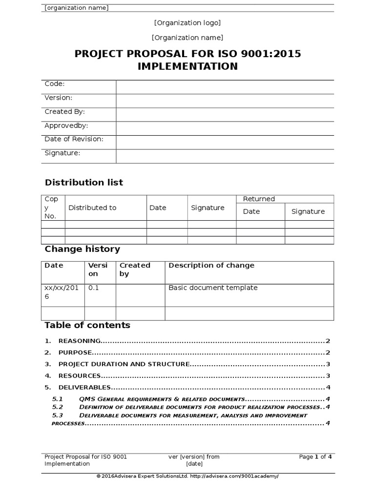 Project Proposal For ISO 9001 2015 Implementation | PDF | Iso 9000 | Audit