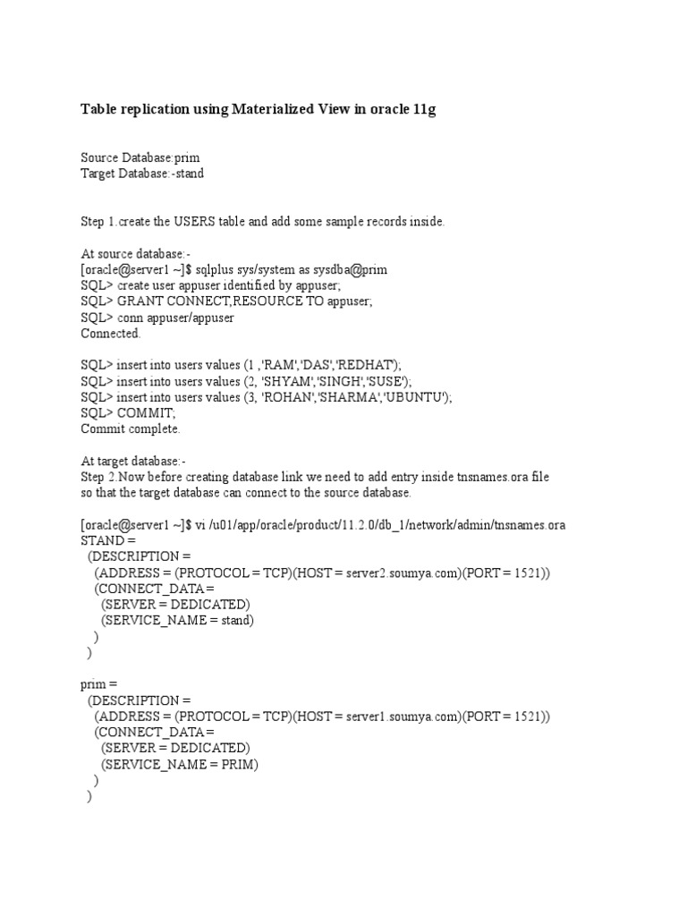 Table Replication Using Materialized View in Oracle 11g | PDF | Oracle Database | Port (Computer ...