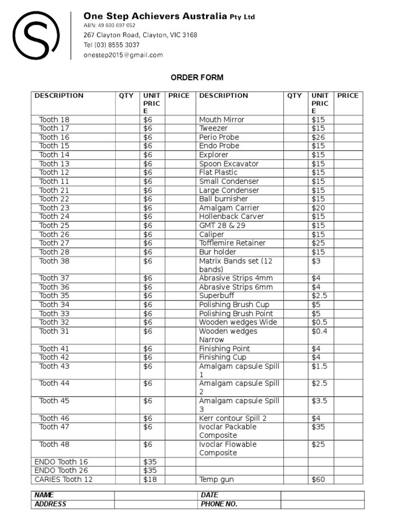 Order Form: Description QTY Unit Pric E Price Description QTY Unit Pric ...