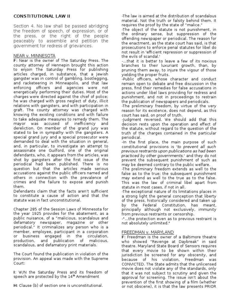 Near V. Minnesota: Constitutional Law Ii | PDF | Freedom Of Speech ...