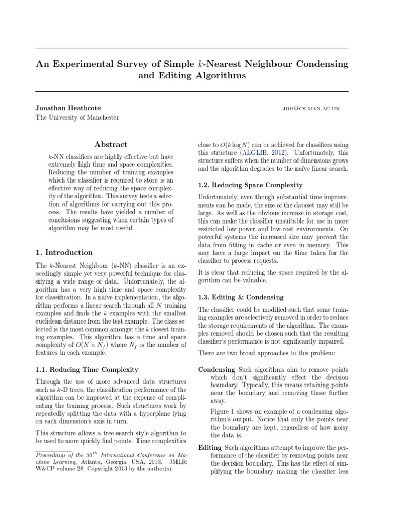 An Experimental Survey of Simple K-Nearest Neighbour Condensing and Editing Algorithms | PDF ...