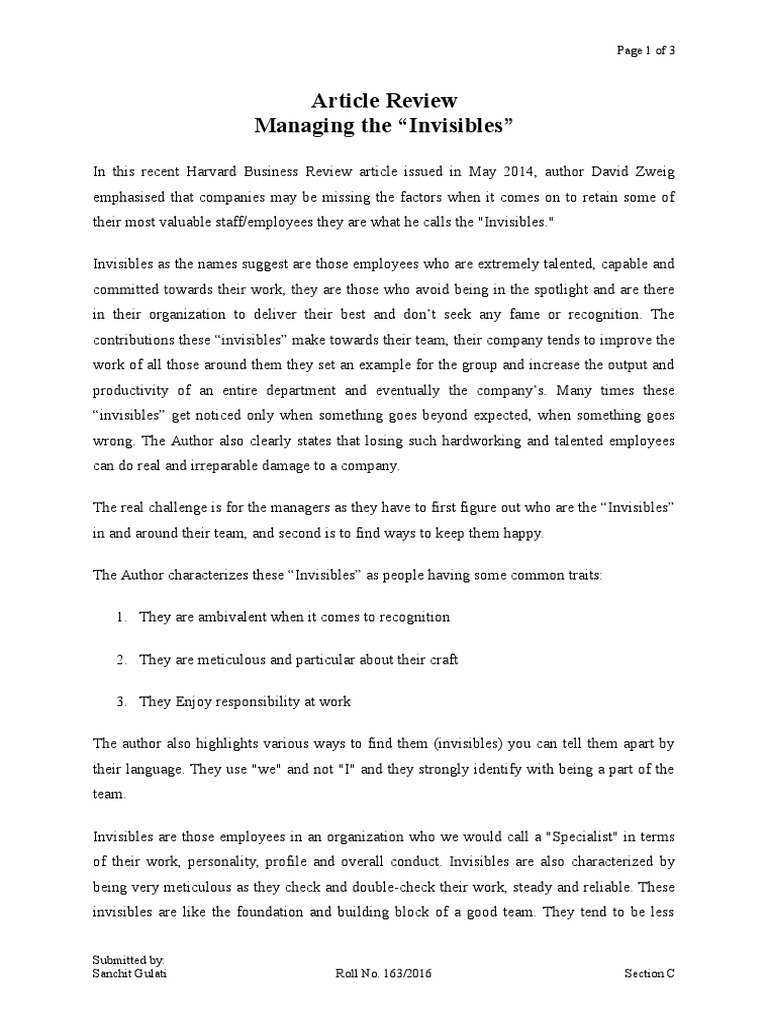 Article Review Managing The "Invisibles": Page 1 of 3 | PDF | Golden ...