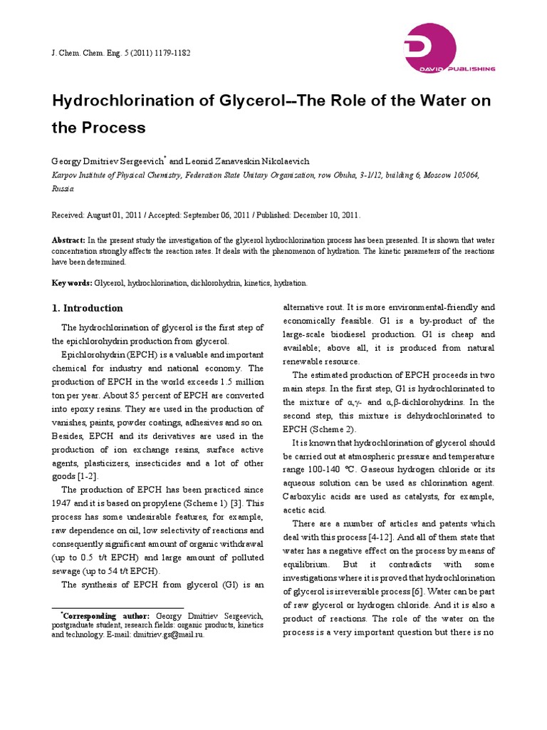 Hydrochlorination of Glycerol - The Role | PDF | Chemical Kinetics ...