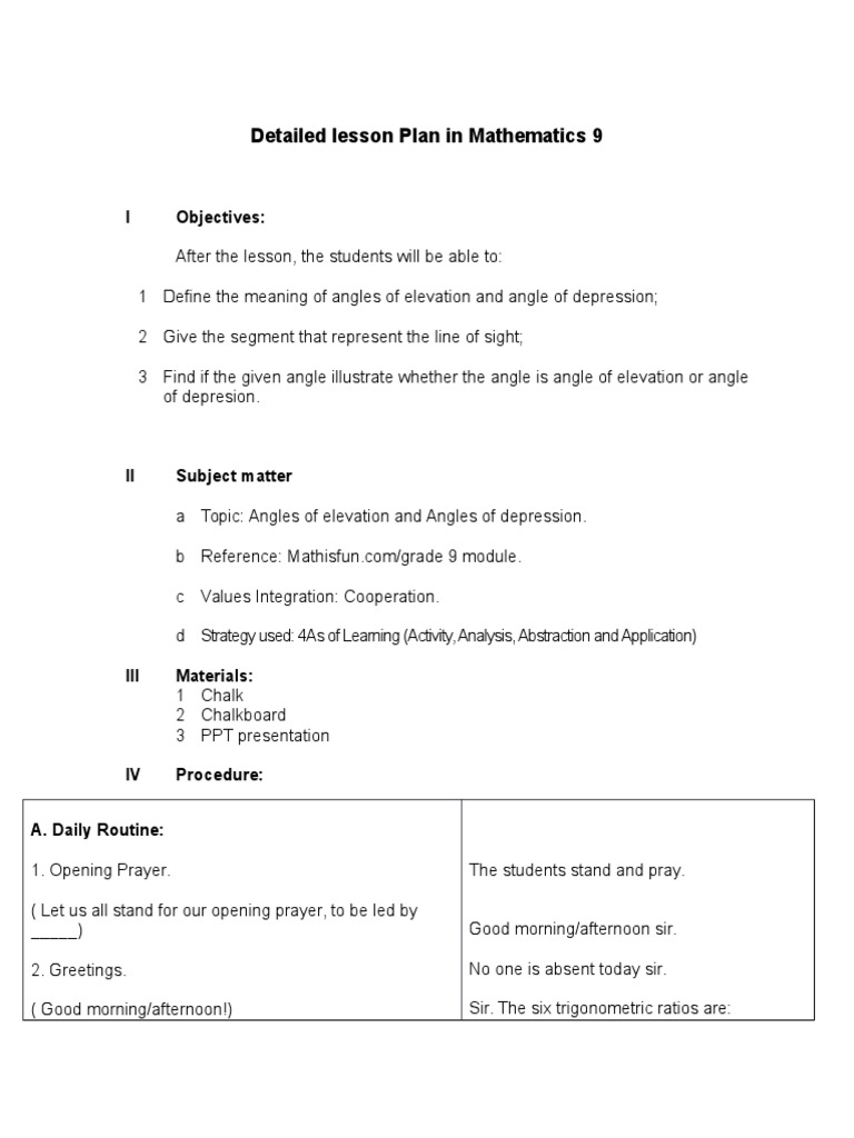 Detailed Lesson Plan | PDF | Trigonometric Functions | Teaching Mathematics