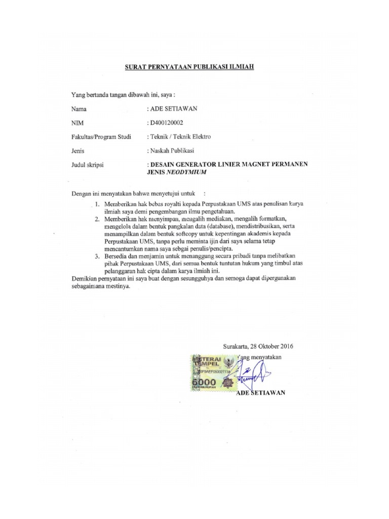 Surat Pernyataan Publikasi Ilmiah | PDF