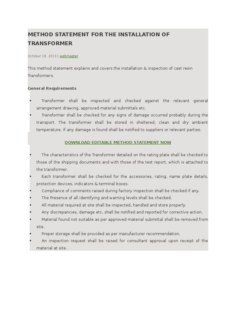 Method Statement For The Installation of Transformer | PDF ...