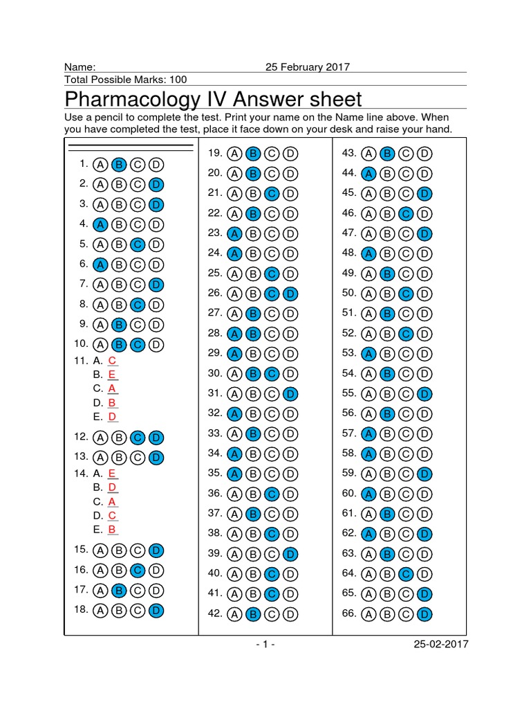 Pharmacology Practice Test IV Answer Sheet Key | PDF