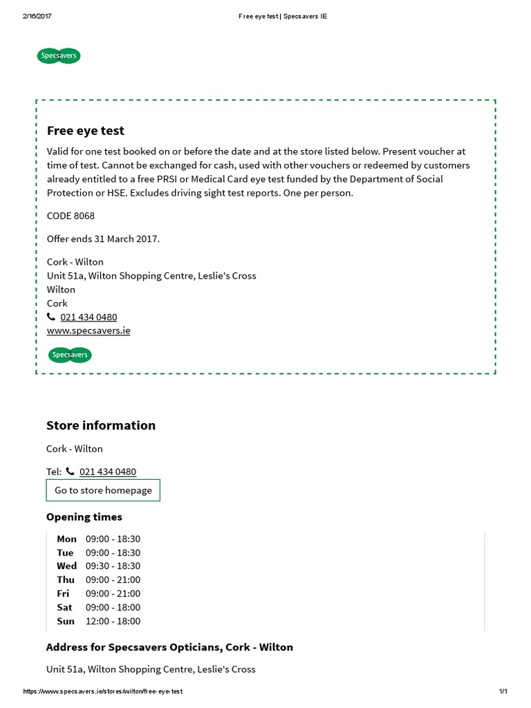 Free Eye Test Specsavers Ie