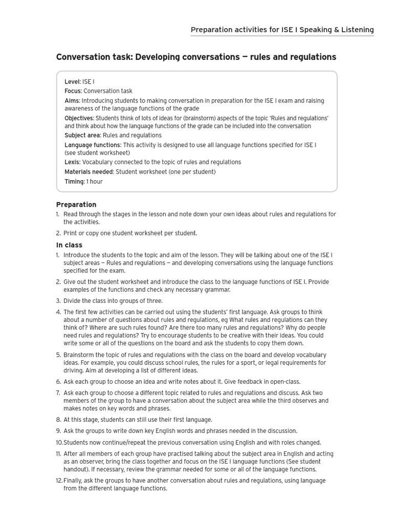 ISE I Conversation Task: Rules & Regulations | PDF | Conversation ...