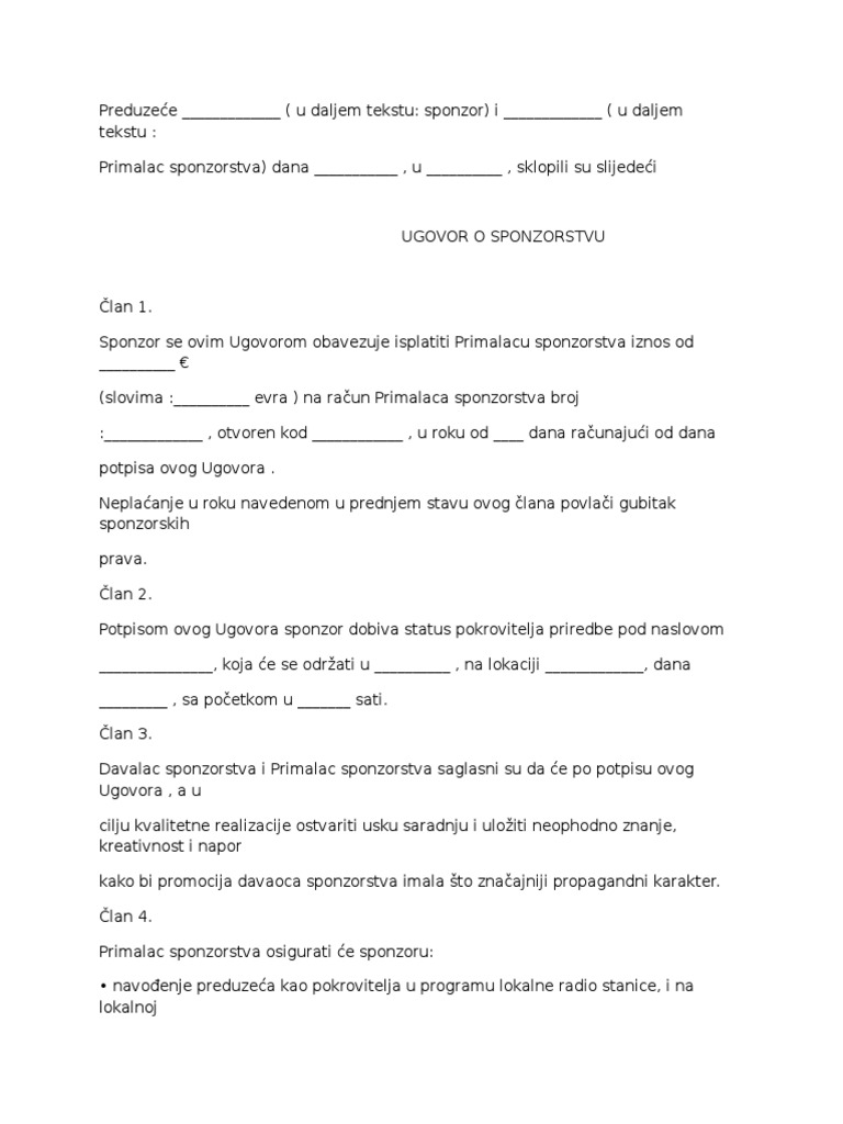 Ugovor o Sponzorstvu | PDF