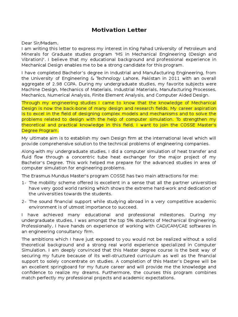 Motivation Letter Modified | Engineering | Mechanical Engineering