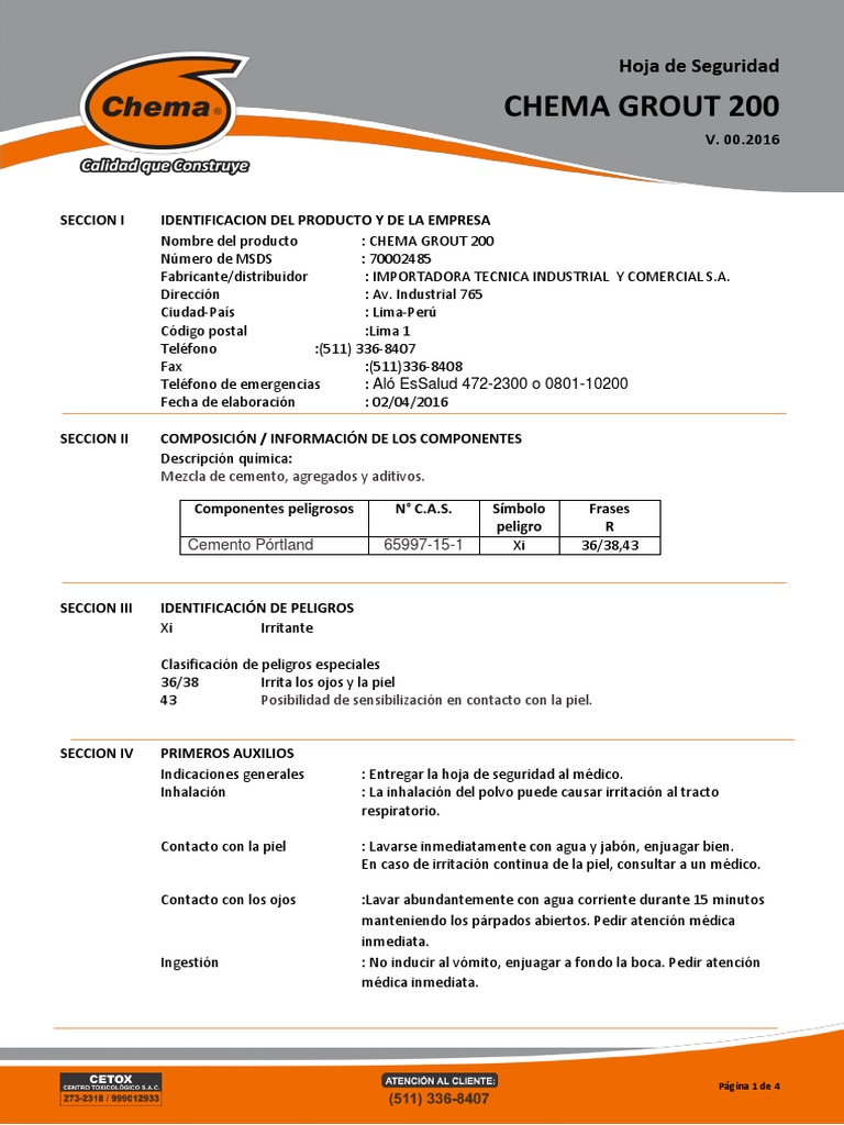 HS Chema Grout 200 V00.2016 PDF | PDF | Agua | Residuos