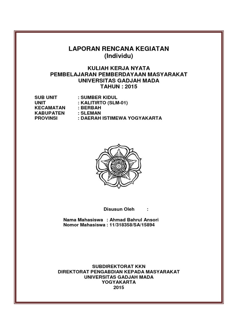 Laporan Rencana Kegiatan KKN-PPM UGM Sumber Kidul, Berbah, Sleman, YK | PDF
