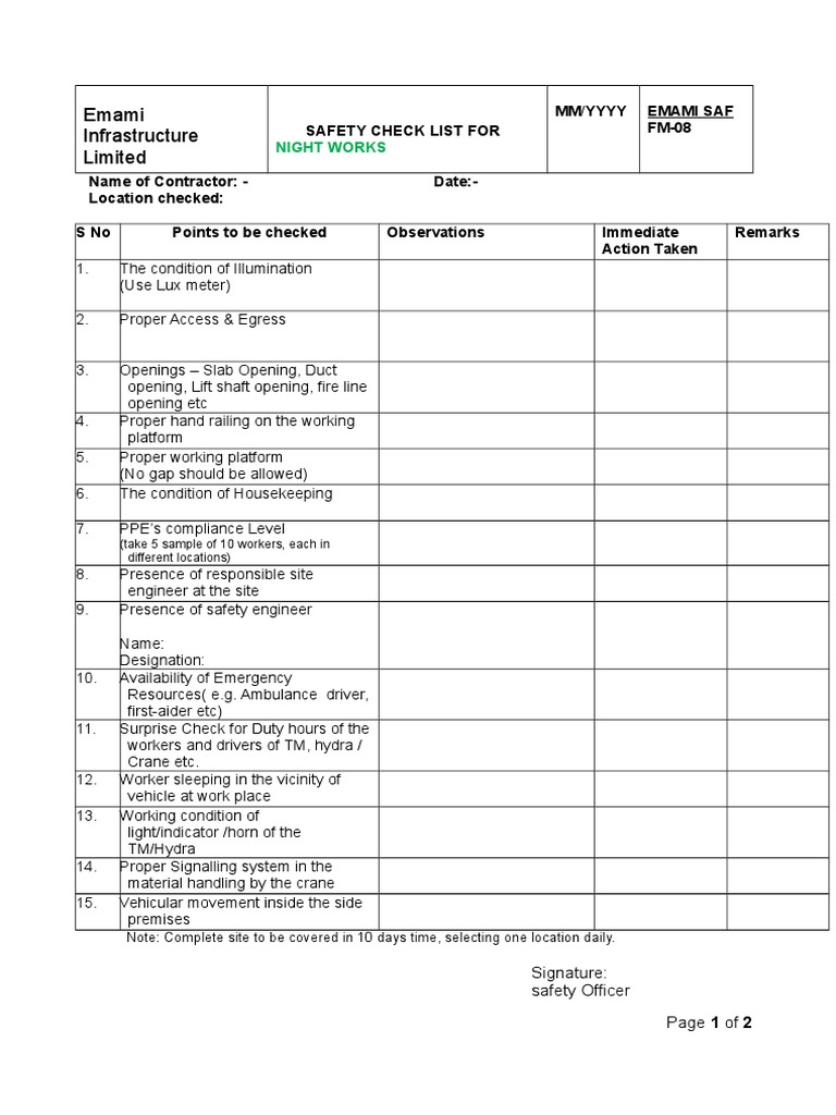 Safety Check List For Night Works | PDF