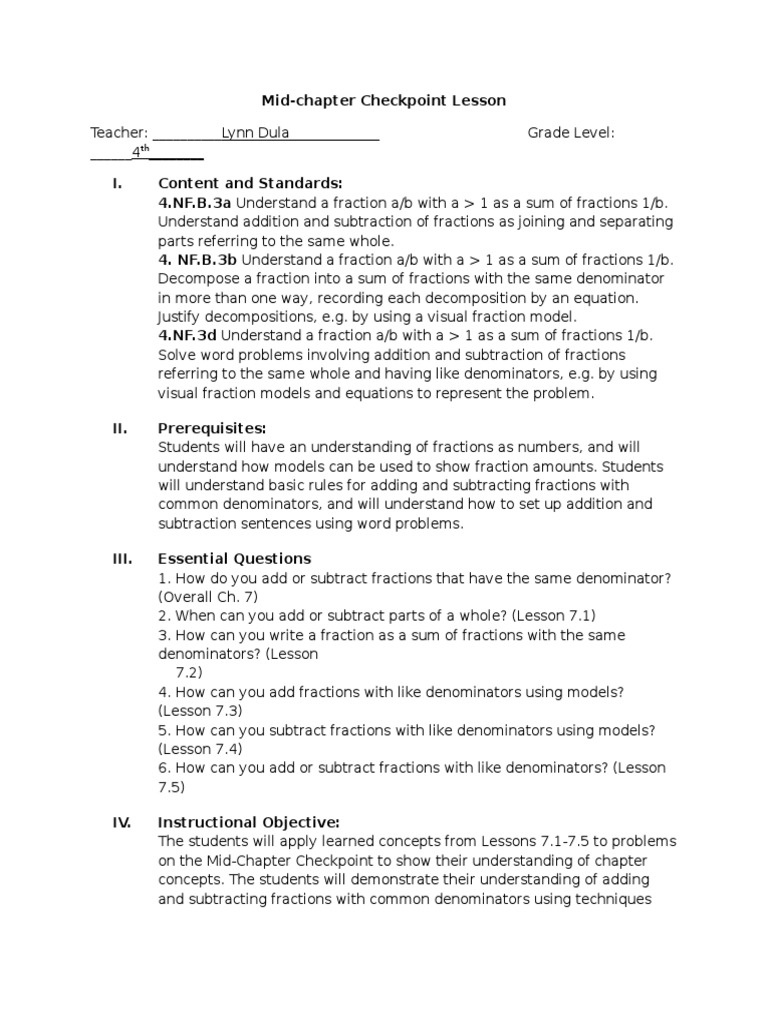 Midchapter Checkpoint Lesson Plan | PDF | Fraction (Mathematics ...