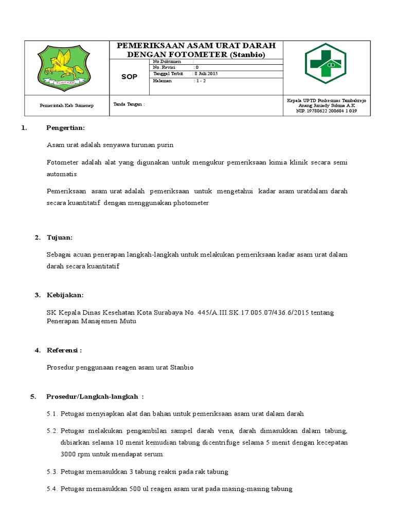8.1.1.1. SOP Pemeriksaan Asam Urat Darah Dengan Fotometer (Stanbio) 2 | PDF