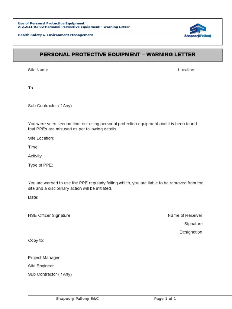 A 2.2!11!01 02 PPE Warning Letter | Personal Protective Equipment | Environmental Science