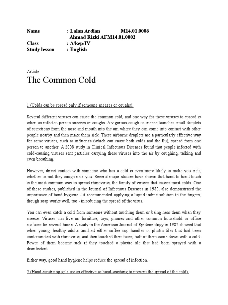 The Common Cold: Name: Lalan Ardian M14.01.0006 Ahmad Rizki AFM14.01. ...