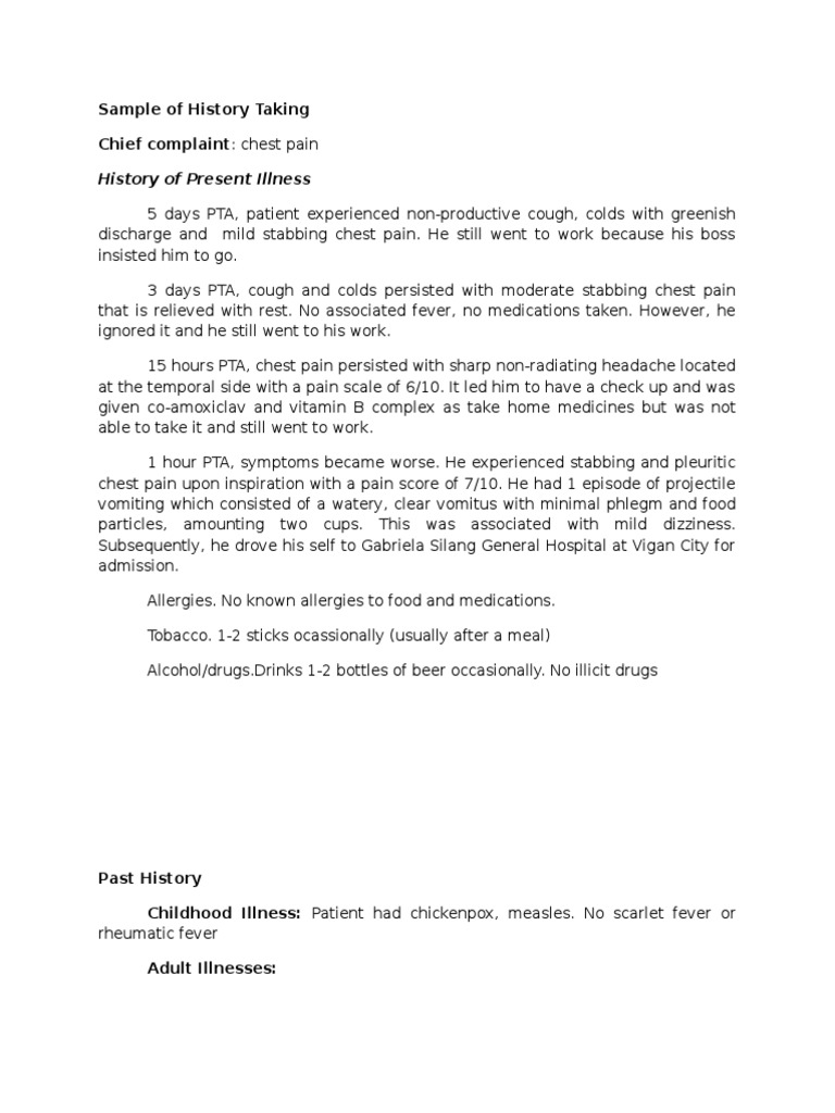 History of Present Illness: Sample of History Taking Chief Complaint ...
