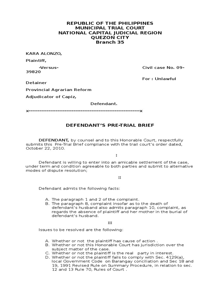 Draft Pre Trial Breif | PDF | Lawsuit | Complaint