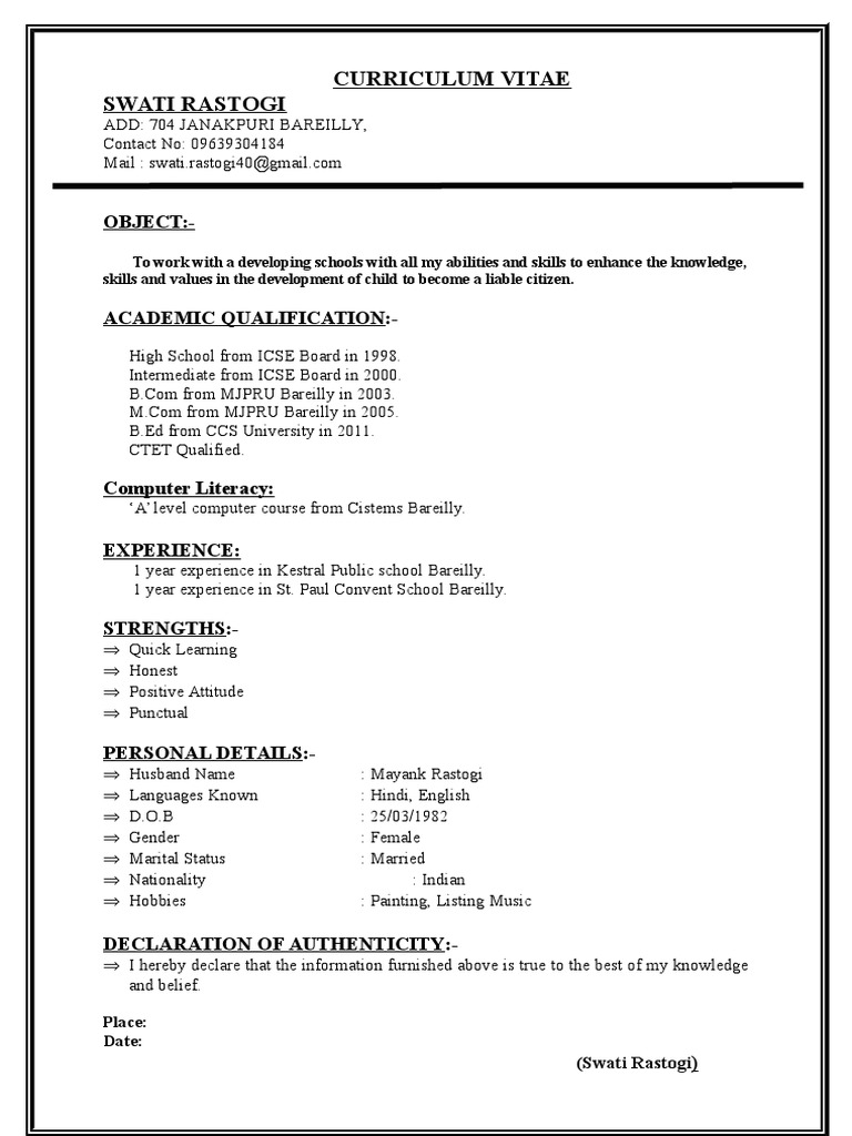 Curriculum Vitae Swati Rastogi: Object | PDF