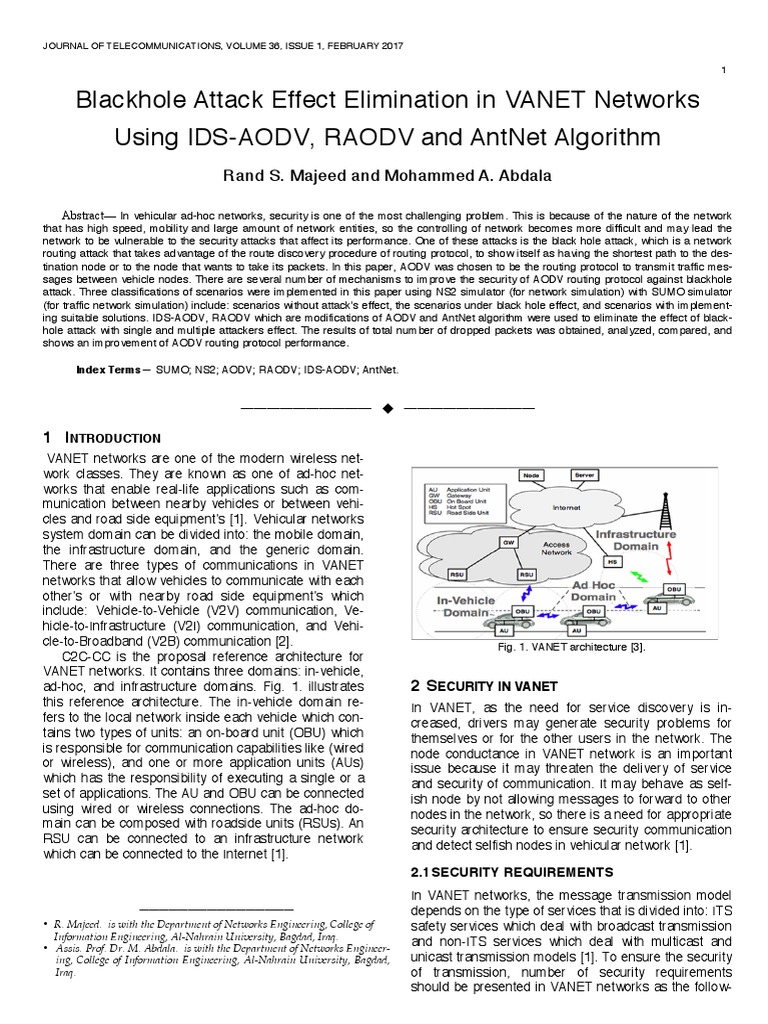 Blackhole Attack Effect Elimination in VANET Networks Using IDS-AODV, RAODV and AntNet Algorithm ...
