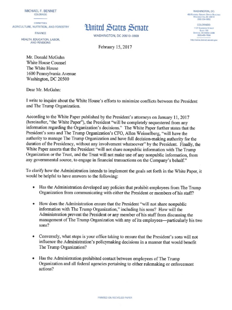 Bennet Letter To White House Counsel | PDF