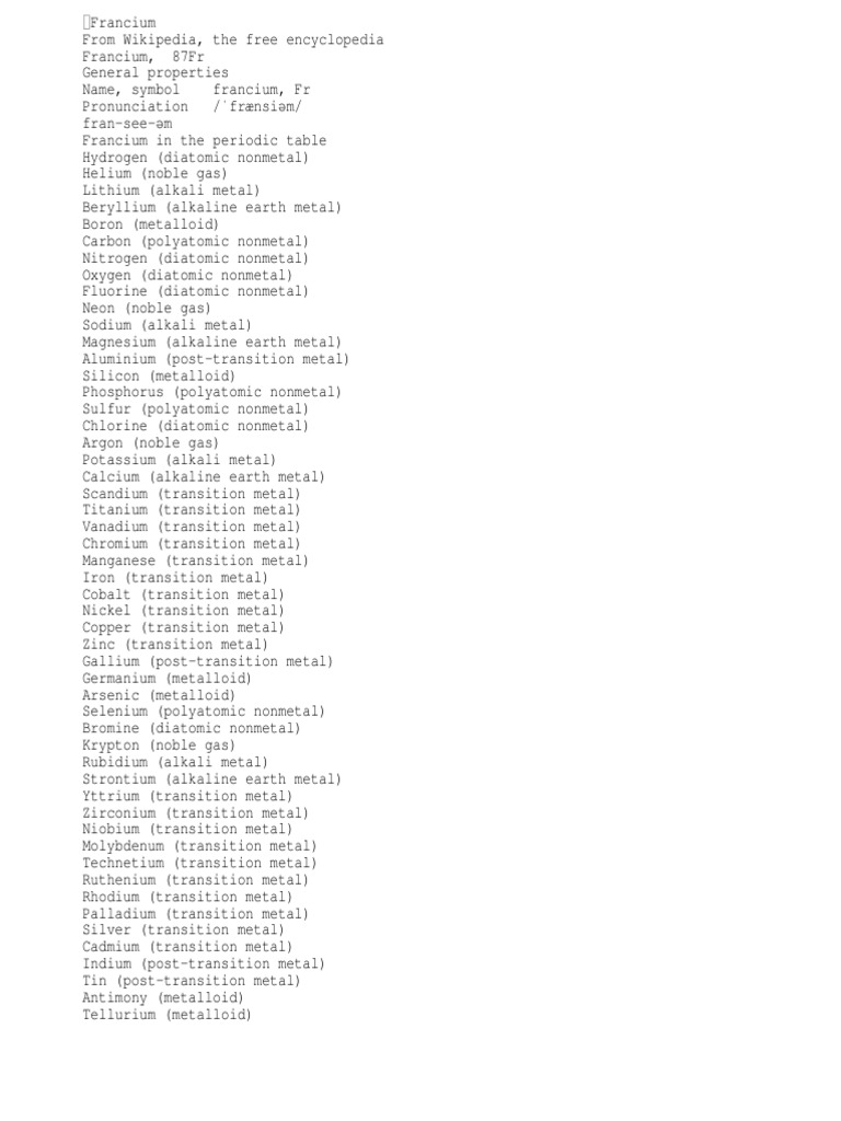 Francium - The Rare Alkali Metal Element | PDF | Actinide | Atoms