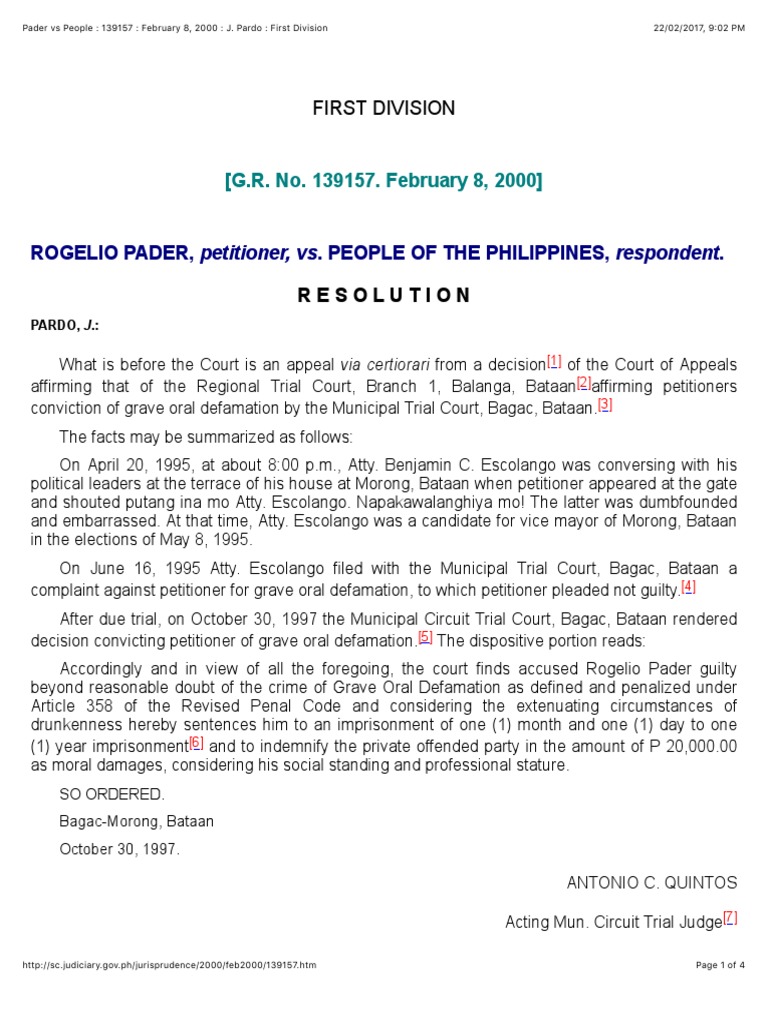 Pader v. People | PDF | Defamation | Appeal