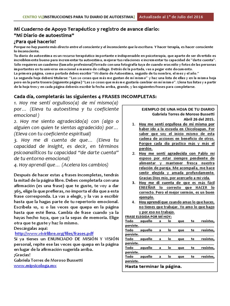 Diario de La Autoestima, Indicaciones | PDF | Autoestima | Sicología