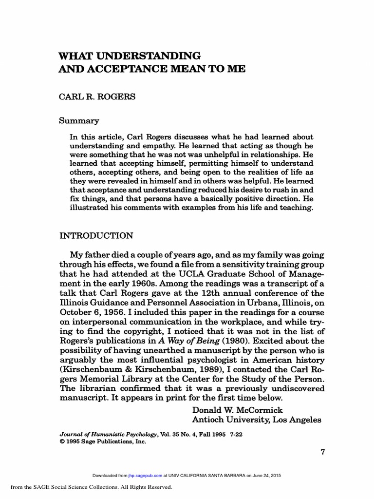 What Understanding and Acceptance Mean To Me - Carl Rogers | PDF