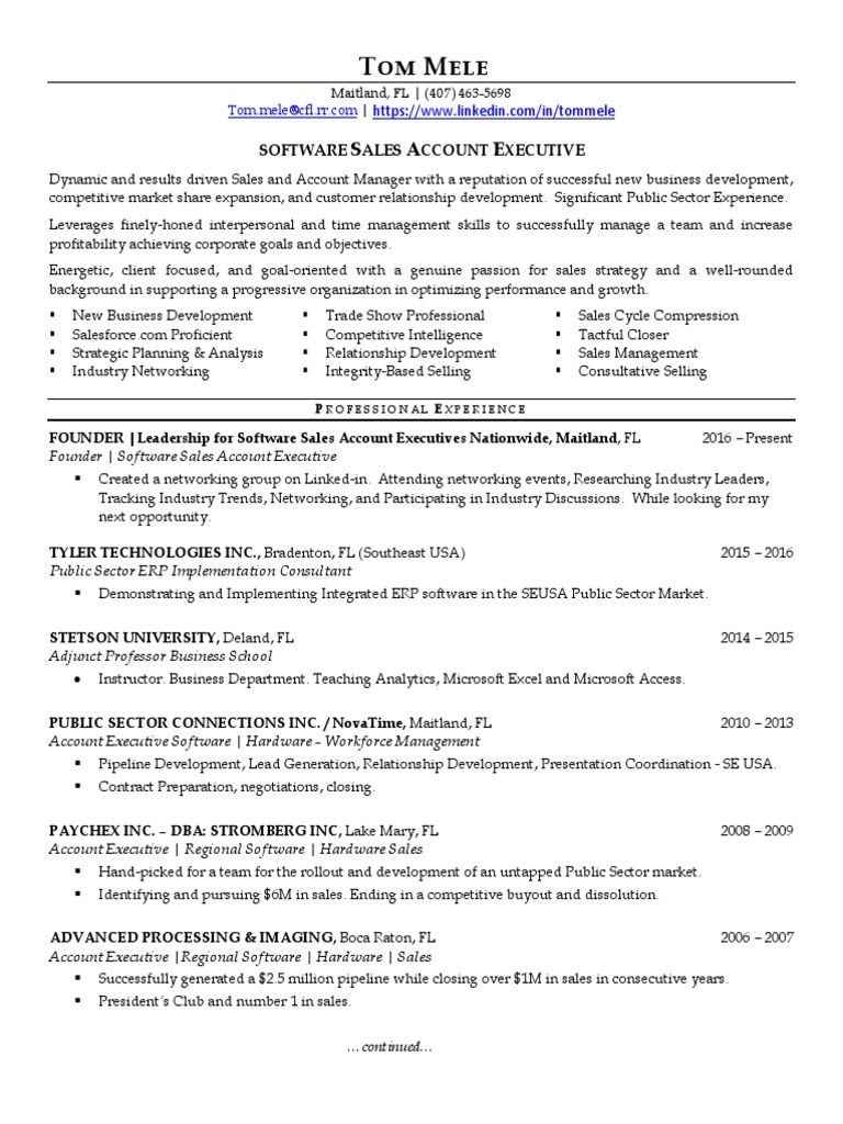 Software Sales Account Executive in Orlando FL Resume Tom Mele ...