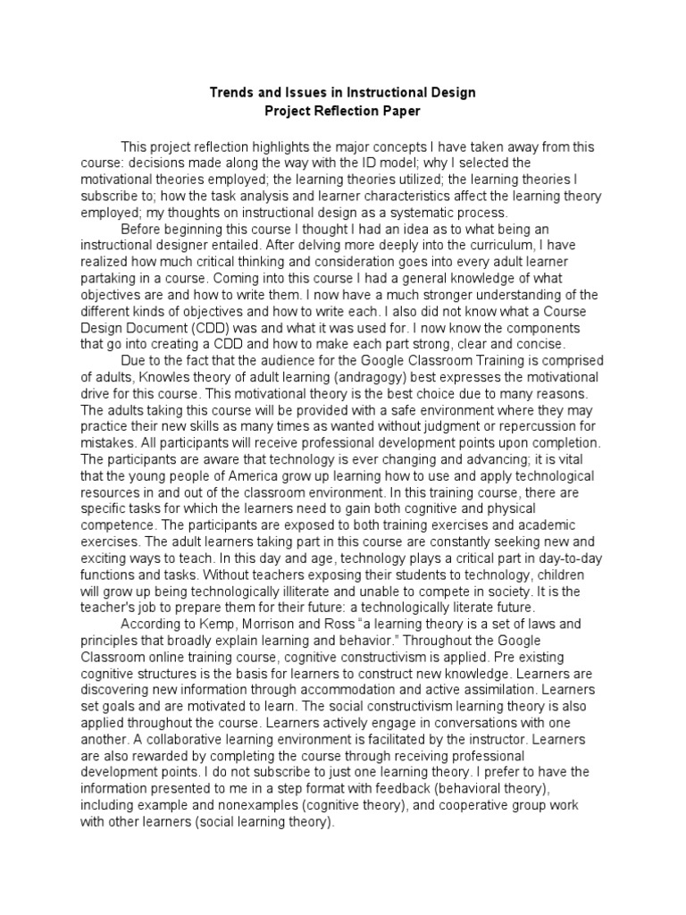 Final Reflection Paper | PDF | Instructional Design | Learning Theory ...
