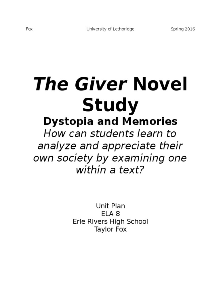 Unit Plan - The Giver | PDF | Educational Assessment | Reading ...
