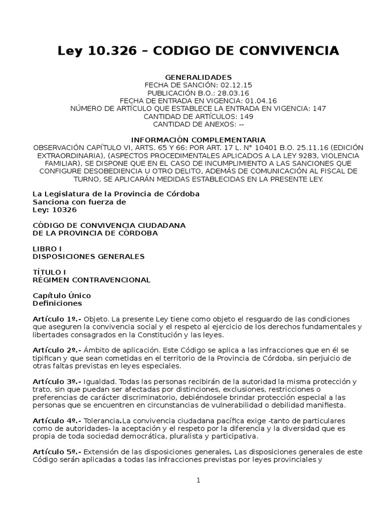 Ley 10326 Codigo De Convivencia Pdf Estatuto De Limitaciones