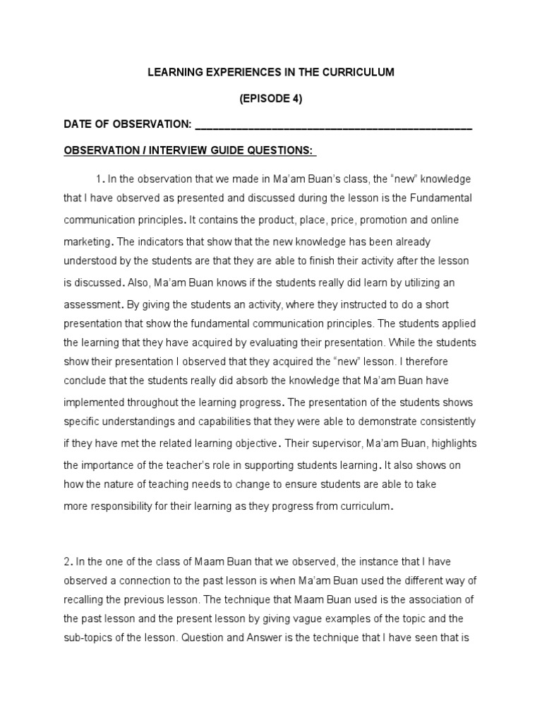 Episode 4 Field Study Observation | PDF | Curriculum | Learning